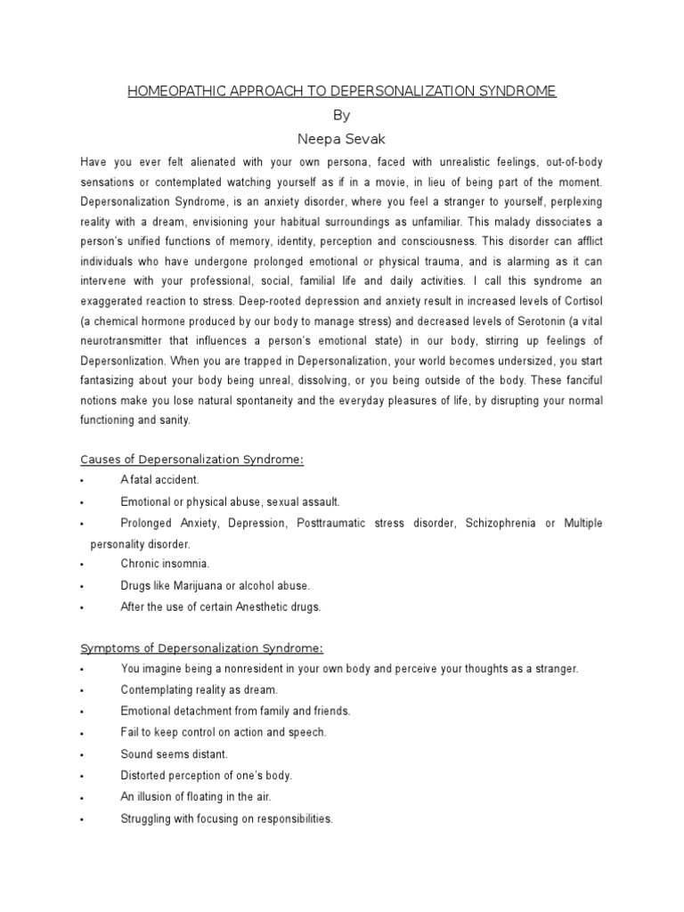 Homeopathy for Depersonalization Syndrome | PDF | Homeopathy | Positive ...