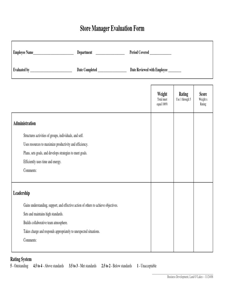 Store Manager Evaluation Form: Administration | PDF | Performance ...