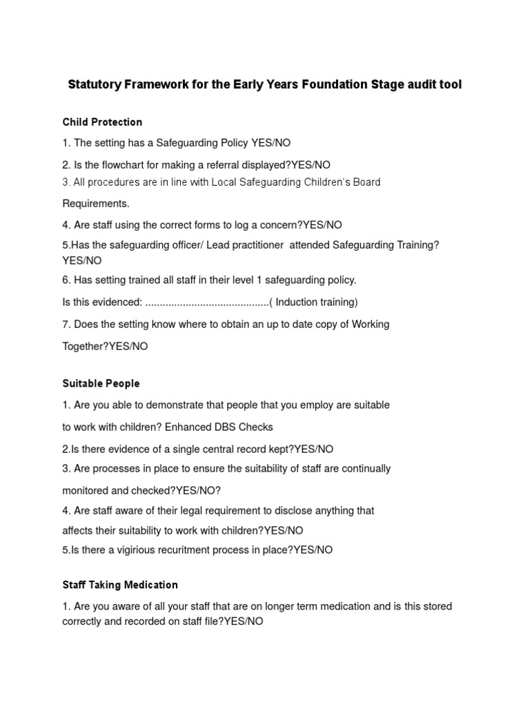 EYFS Audit Tool for Child Safety Compliance | PDF | Caregiver | Risk ...