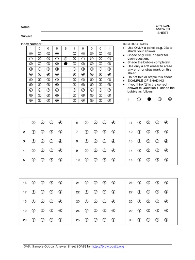 Optical Answer Sheet: A Sample Document Providing Instructions and ...