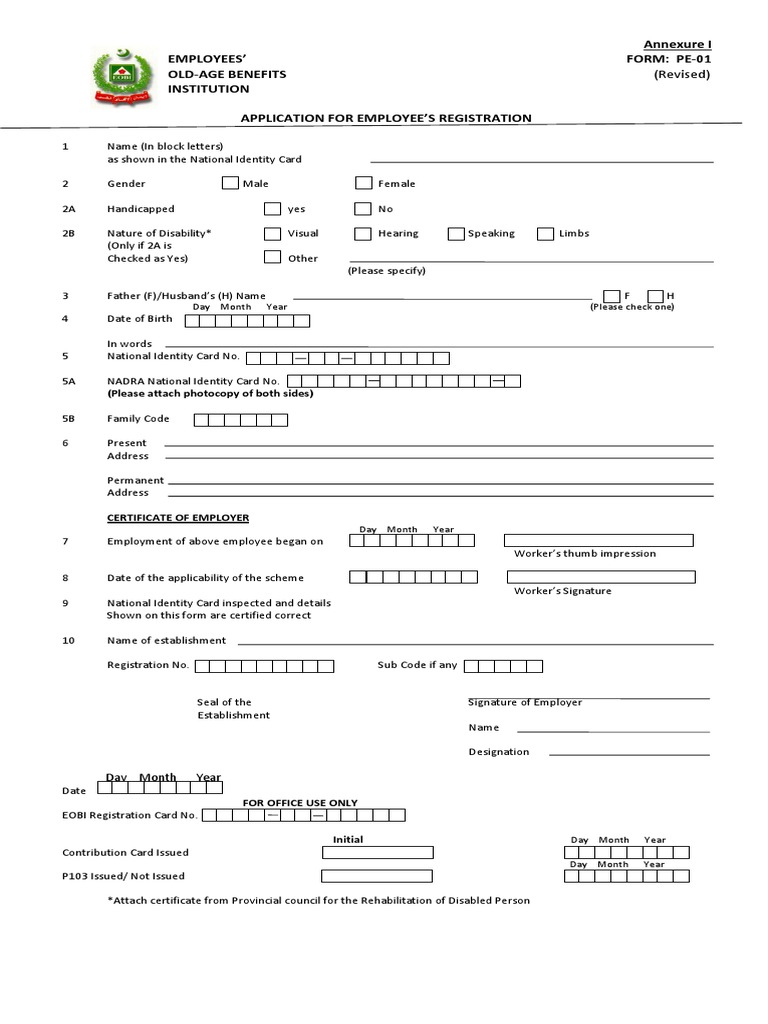 Annexure I Employees' FORM: PE-01 Old-Age Benefits (Revised) Institution Application For ...