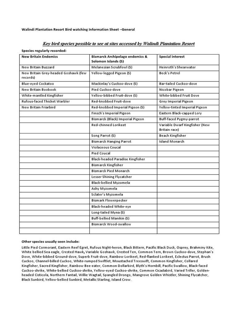 Birdwatching Guide for Walindi Resort | PDF