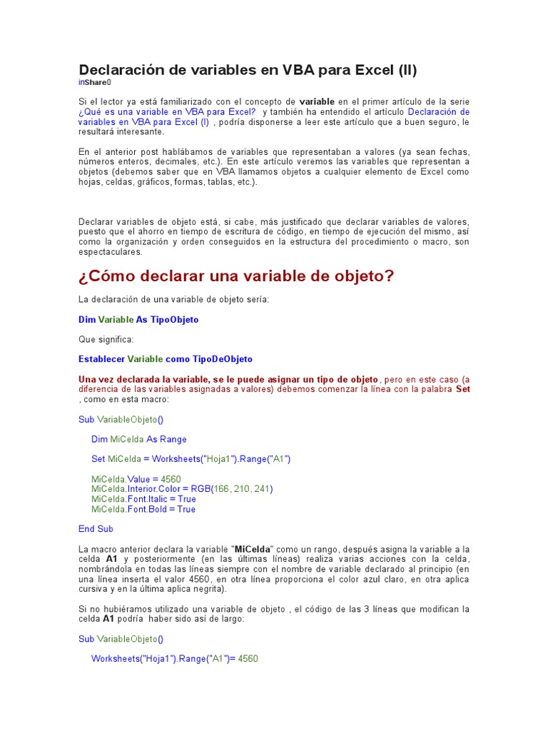 Declaración de Variables en VBA para Excel | PDF | Microsoft Excel | Variable (informática)