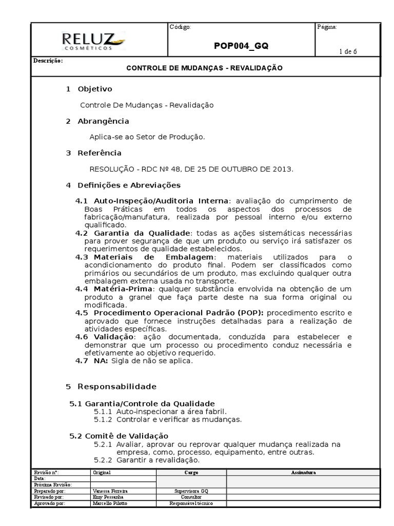 Modelo - POP - Controle de Mudanças-Revalidação | Embalagem e Rotulagem ...