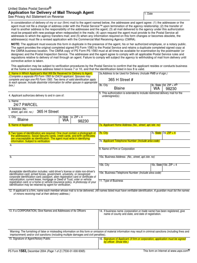 USPS Form 1583 Blaine | PDF | United States Postal Service | Identity ...
