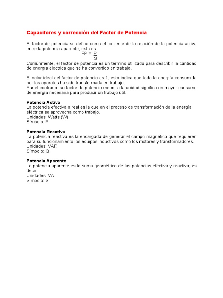 Capacitores y Correccion Del Factor de Potencia PDF | PDF