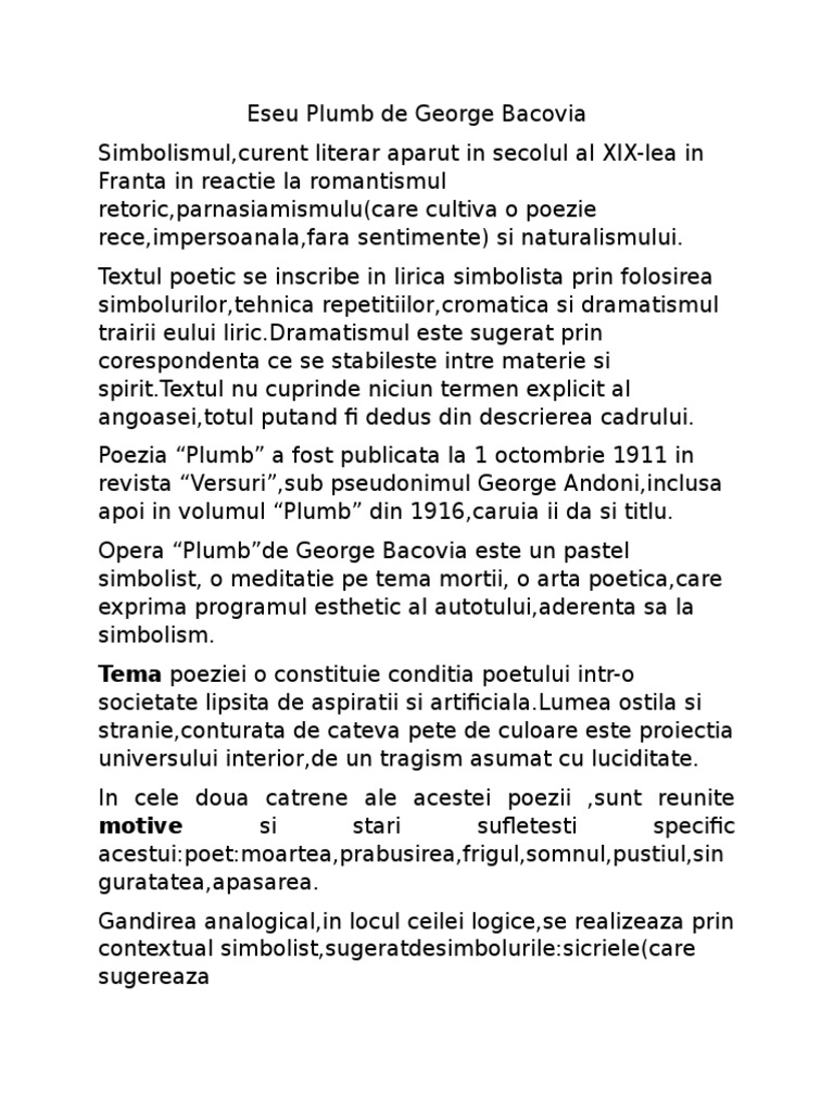 Eseu Plumb de George Bacovia | PDF