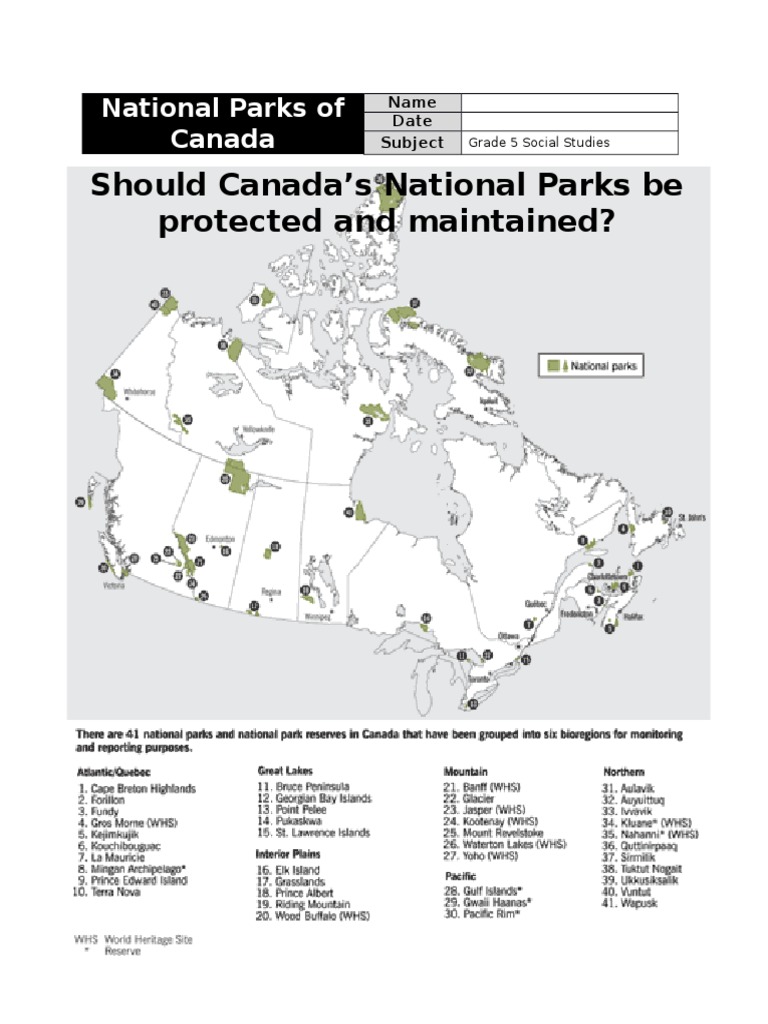 National Parks of Canada Summative Task | PDF | Canada | National Park