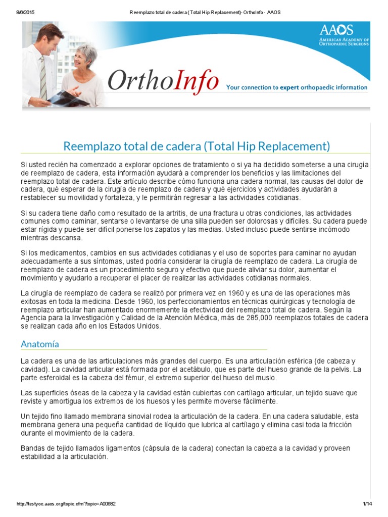 Reemplazo Total de Cadera (Total Hip Replacement) - OrthoInfo - AAOS | PDF | Cadera | Cirugía