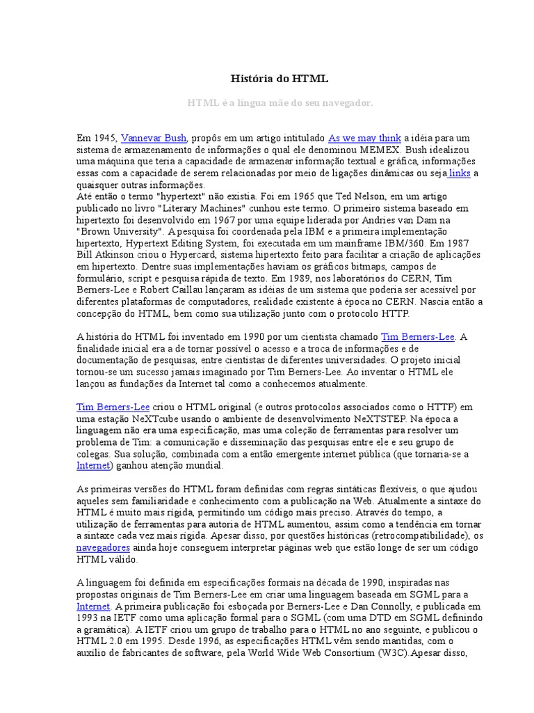 Historia Do HTML | PDF | Html | Padrões da Web