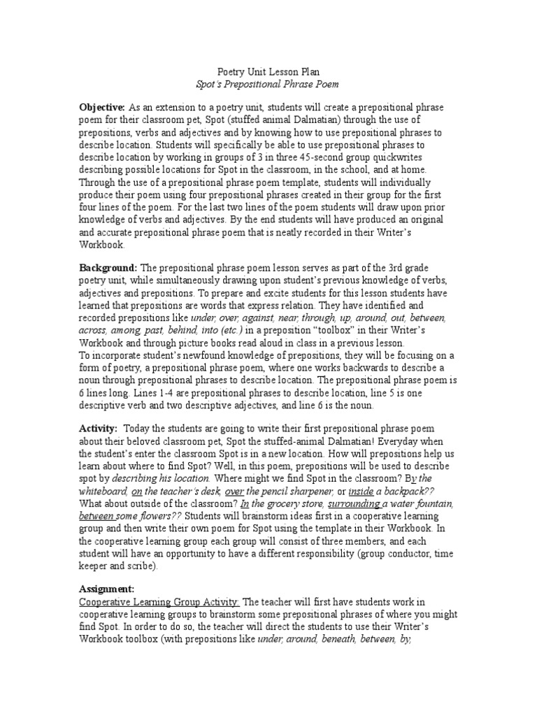 Preposition Lesson Plan | PDF | Preposition And Postposition | Phrase