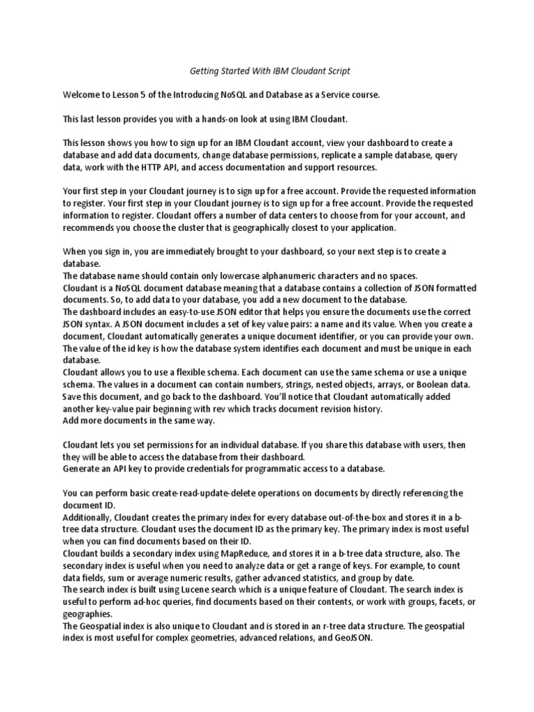 Lesson05 Getting Started With Ibm Cloudant Script Pdf Database Index Databases