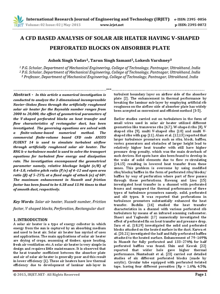 A CFD Based Analysis of Solar Air Heater Having V-Shaped Perforated ...