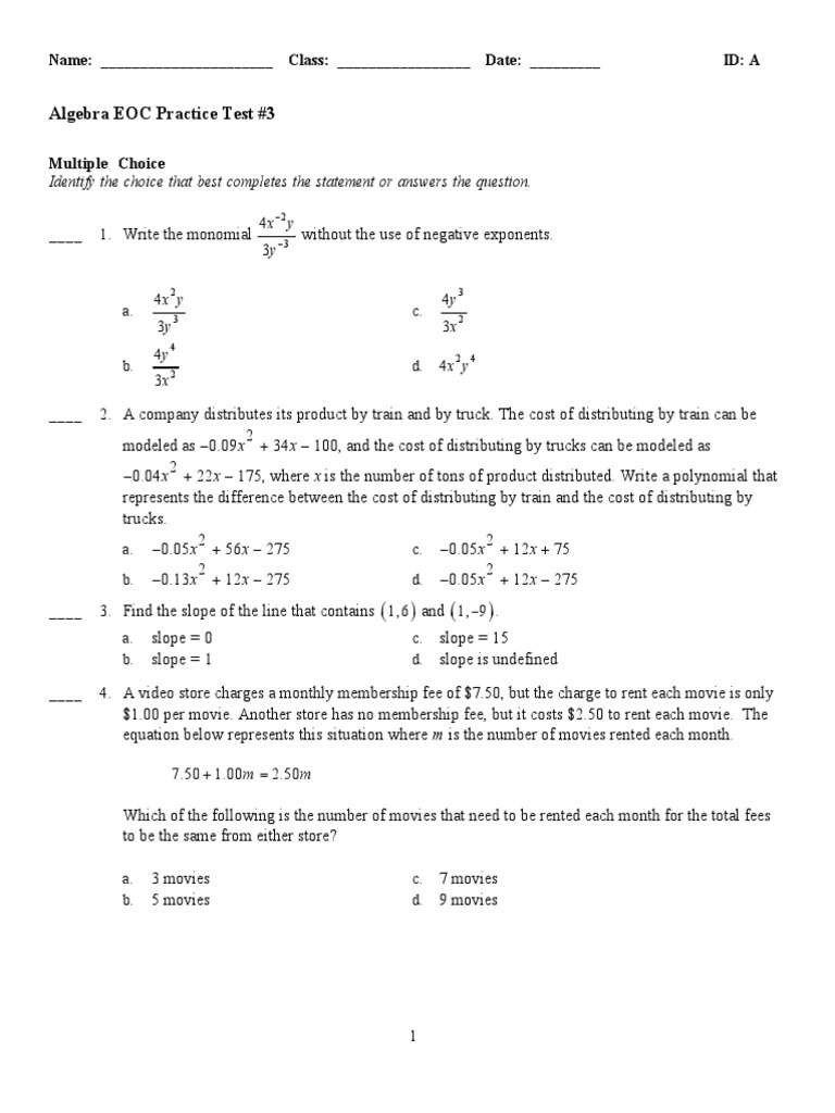 Algebra EOC Practice Test | PDF | Function (Mathematics) | Elementary ...