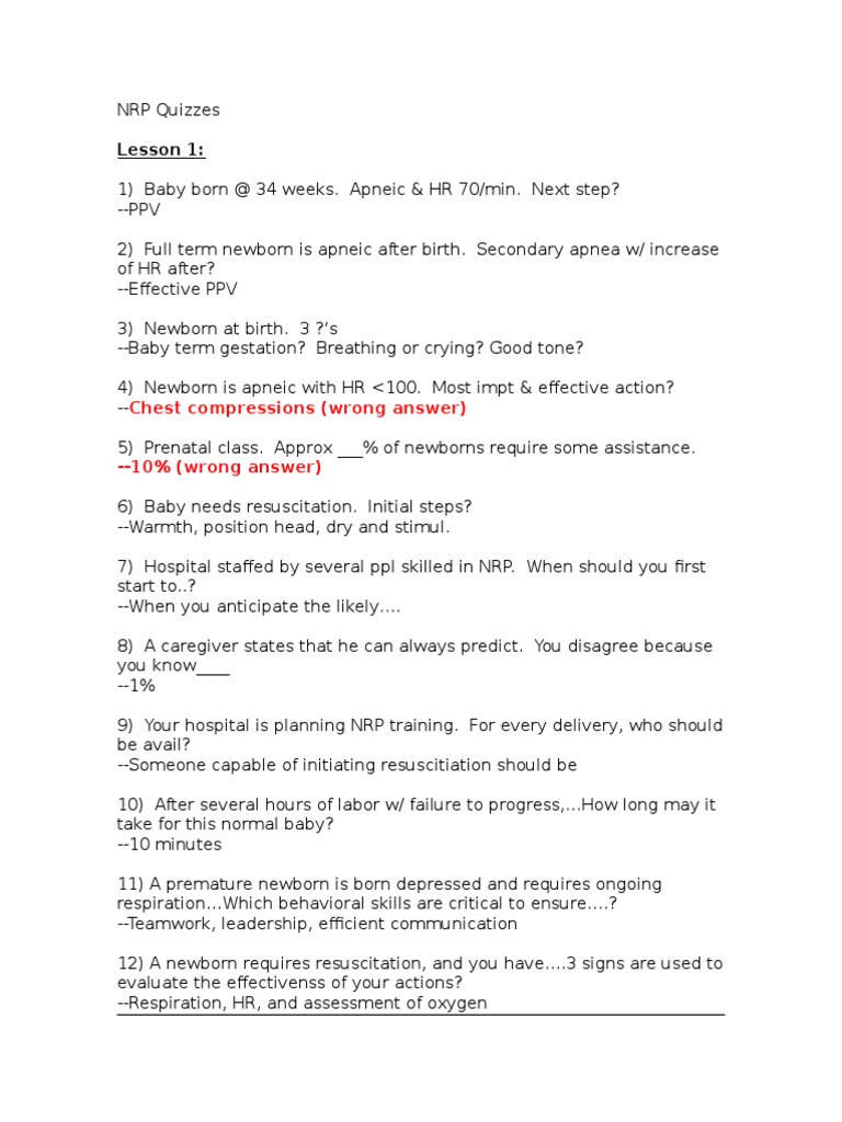 NRP Quizzes & Answers | PDF | Preterm Birth | Apnea