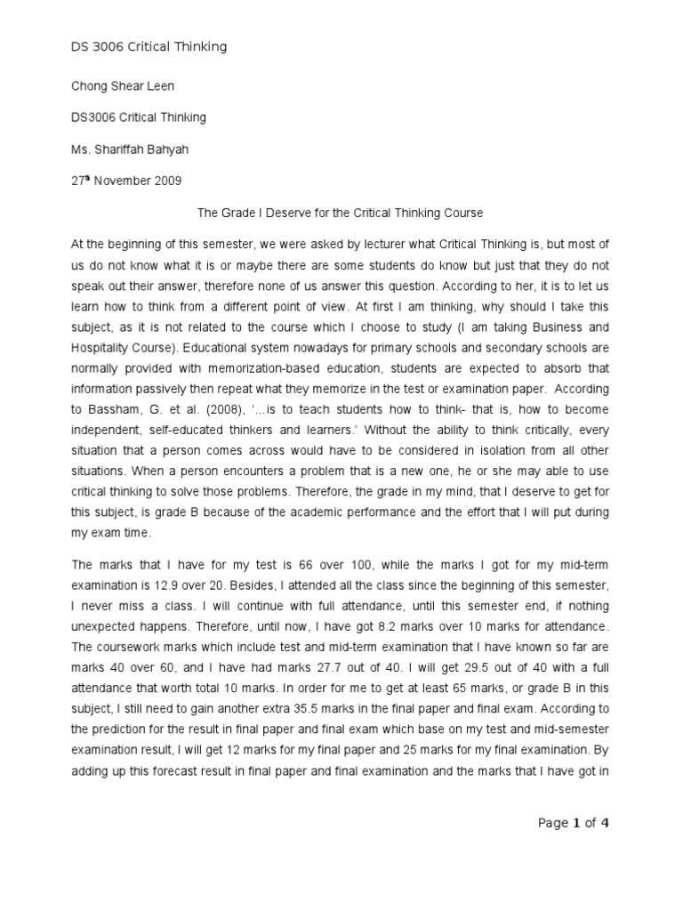 Sample of Critical Thinking Essay. | PDF | Critical Thinking | Argument