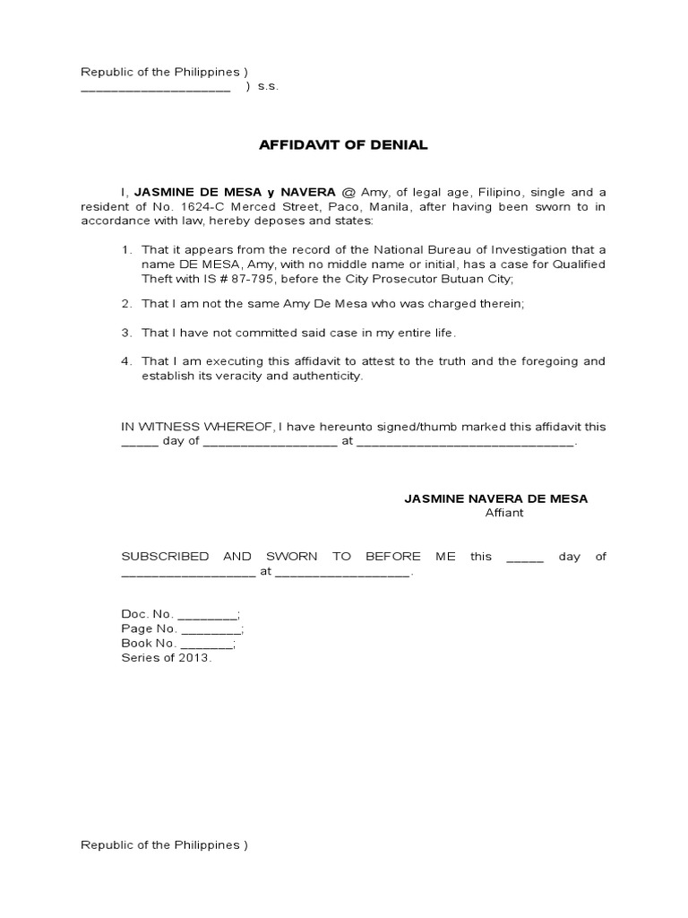 Affidavit of Denial | Affidavit | Criminal Justice