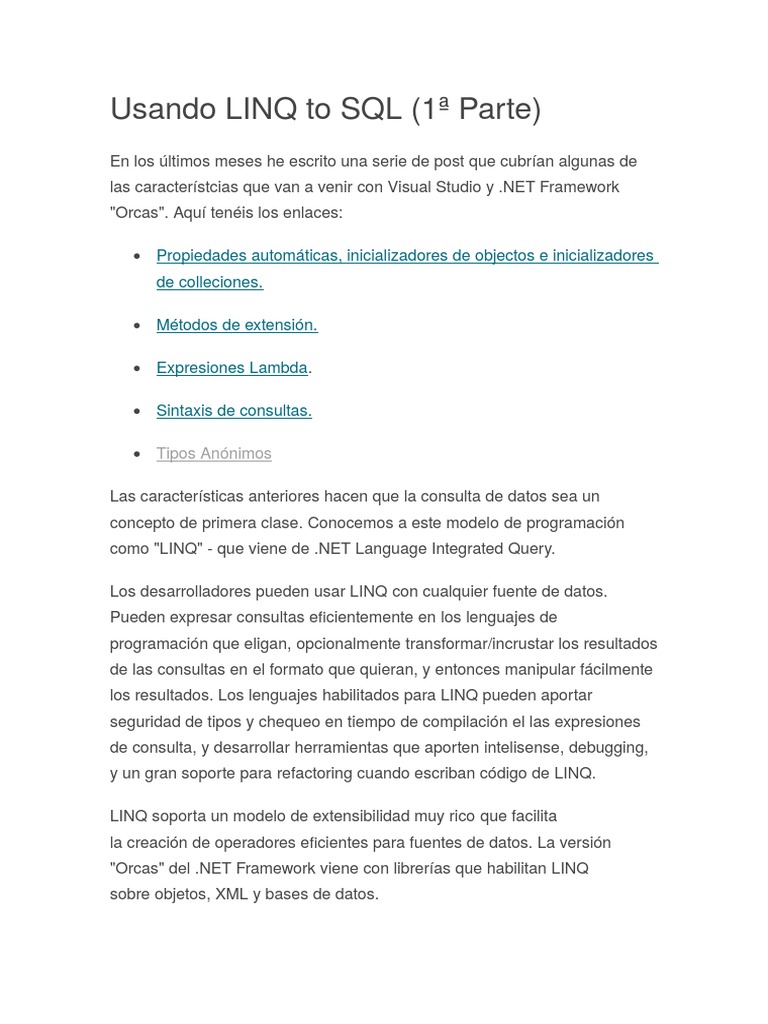 Usando Linq To SQL | PDF | Consulta integrada de idiomas | SQL