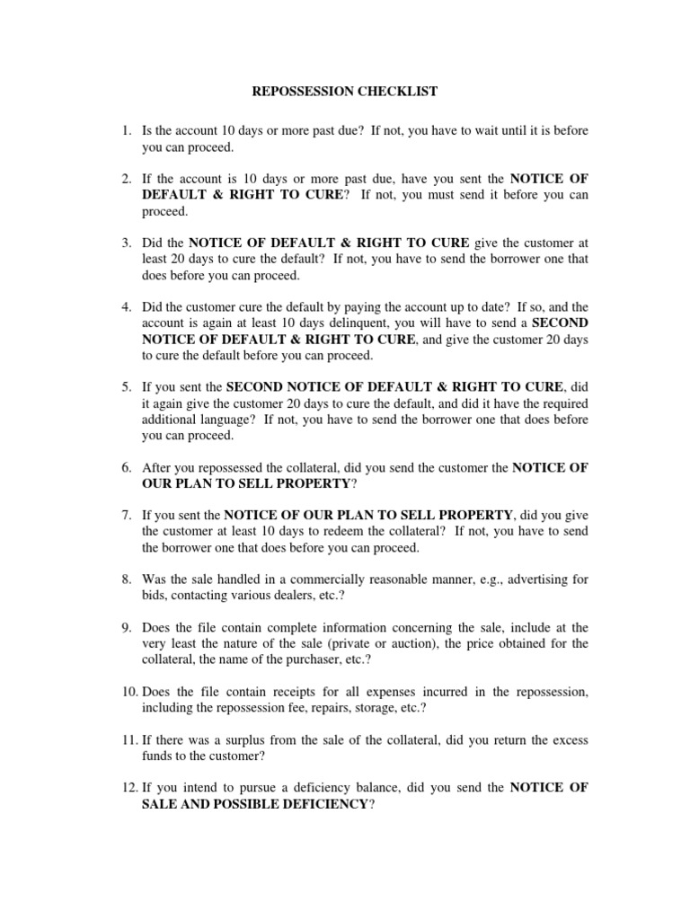 Repossession Checklist | PDF | Repossession | Loans