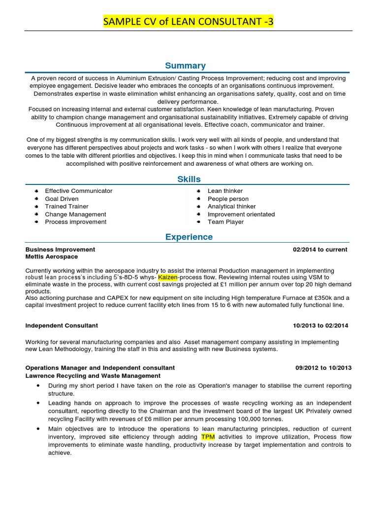 Lean Consultant Sample CV 3 PDF | PDF | Lean Manufacturing | Production ...