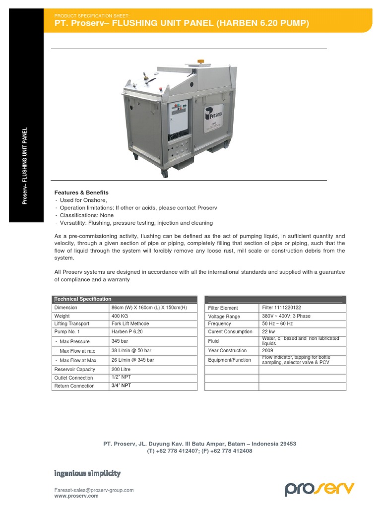 Harben Flushing Unit Specification Sheet | PDF | Pump | Litre