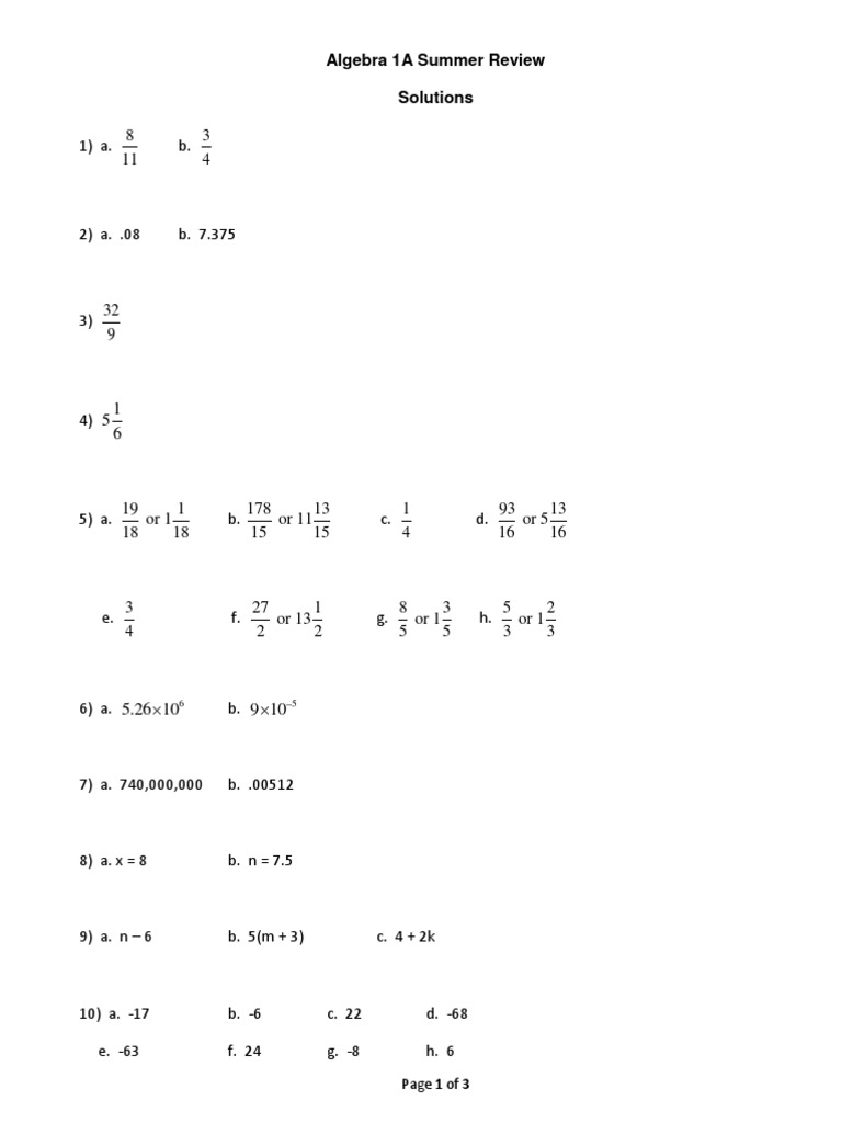 Algebra 1A Summer Review Solutions | PDF