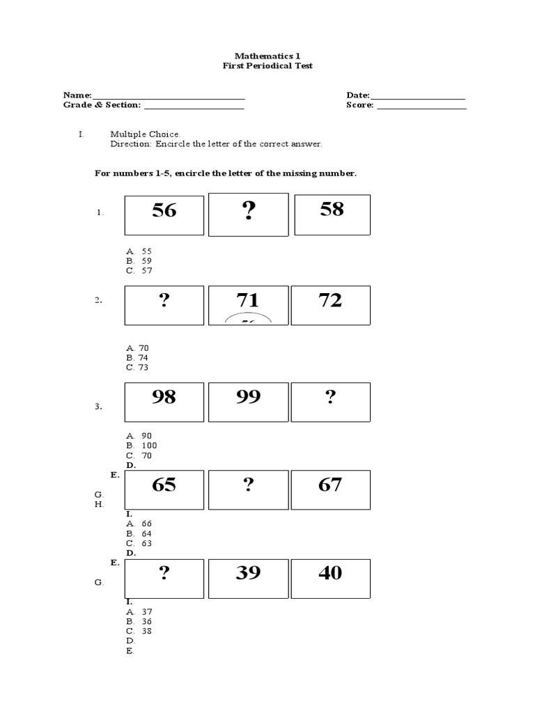 Grade 1 Math Test With Classification