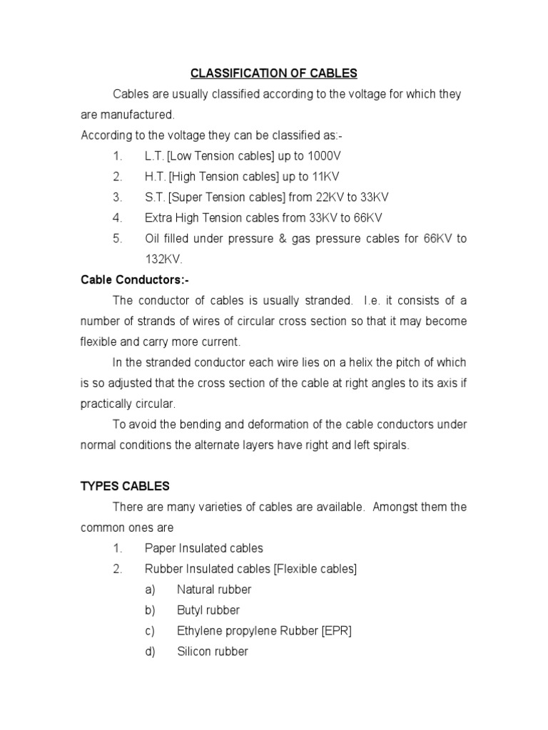 Cable Classification by Voltage Levels | PDF | Cable | Insulator ...