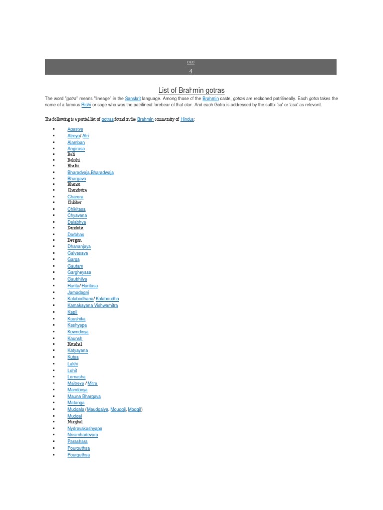 List of Brahmin Gotras and Their Pravaras | PDF | Hindu Literature | Clans