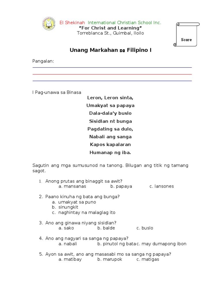 Grade 1 - Filipino