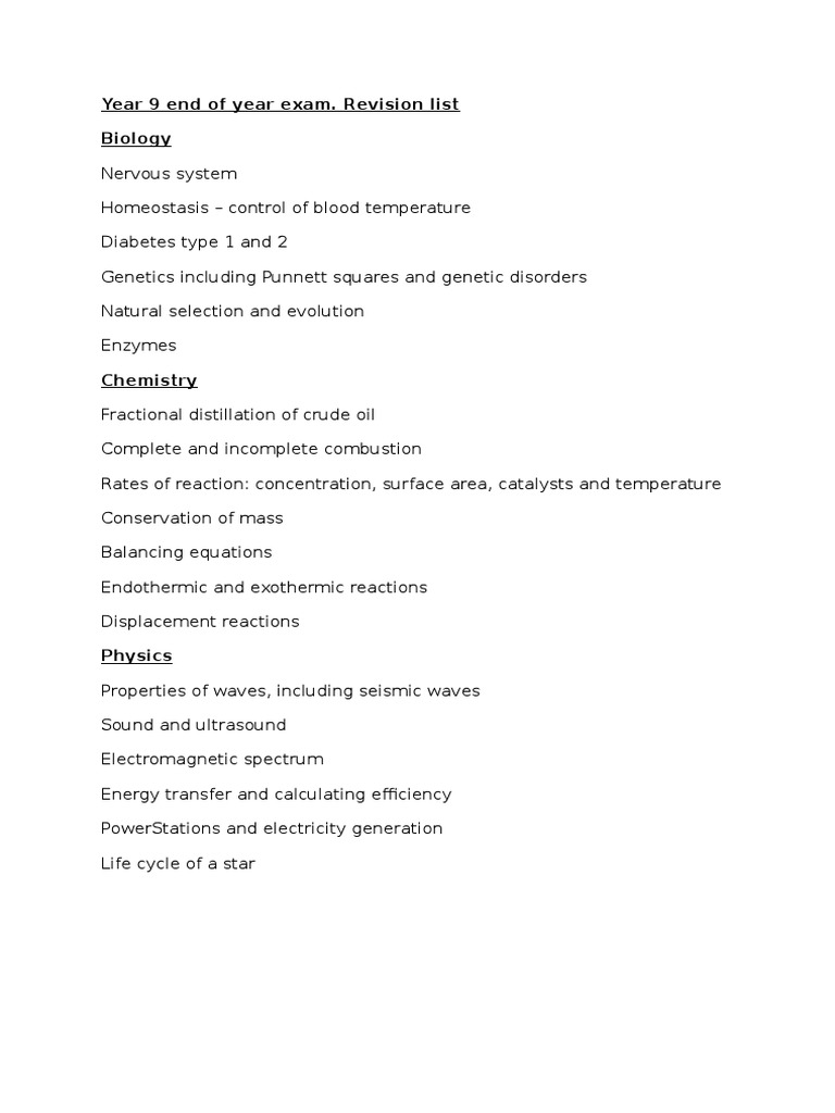 Year 9 End of Year Exam Revision List | PDF