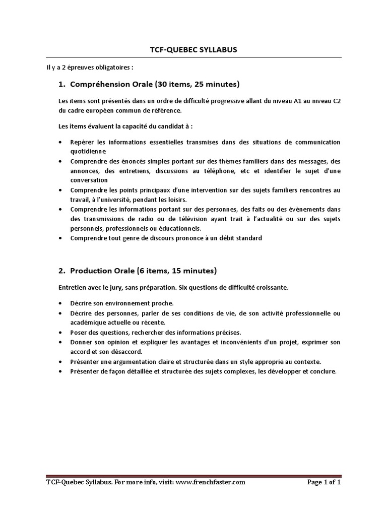TCF Quebec Syllabus Exam Topics | PDF