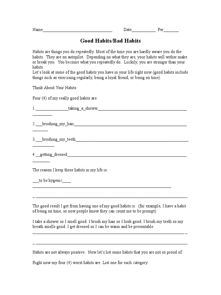 Good vs. Bad Habits Worksheet | PDF