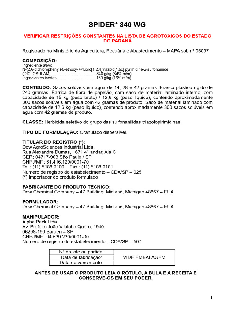 Bula Spider840wg | PDF | Embalagem e rotulagem | Armazém