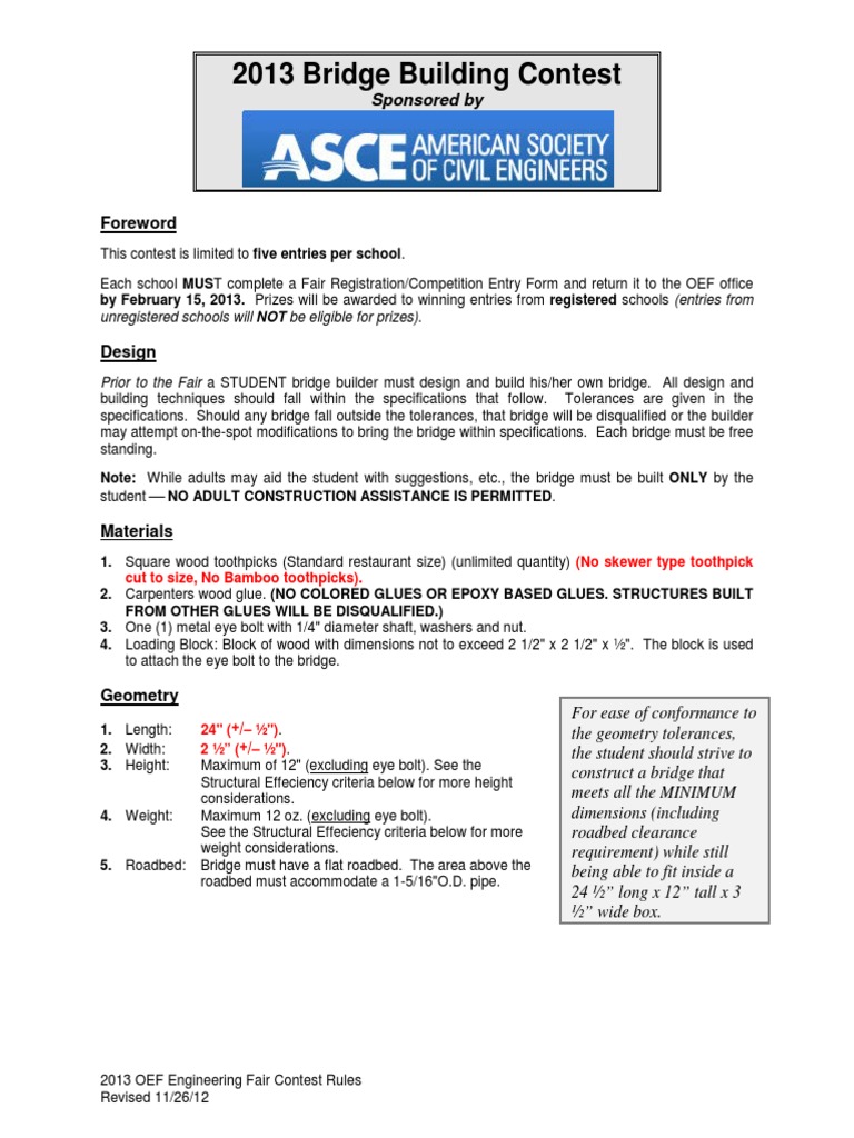 2013 Bridge Building Contest Rules | PDF | Engineering Tolerance | Screw