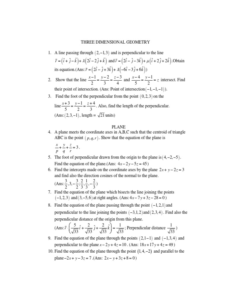 Three Dimensional Geometry Assignment | PDF | Plane (Geometry) | Line ...