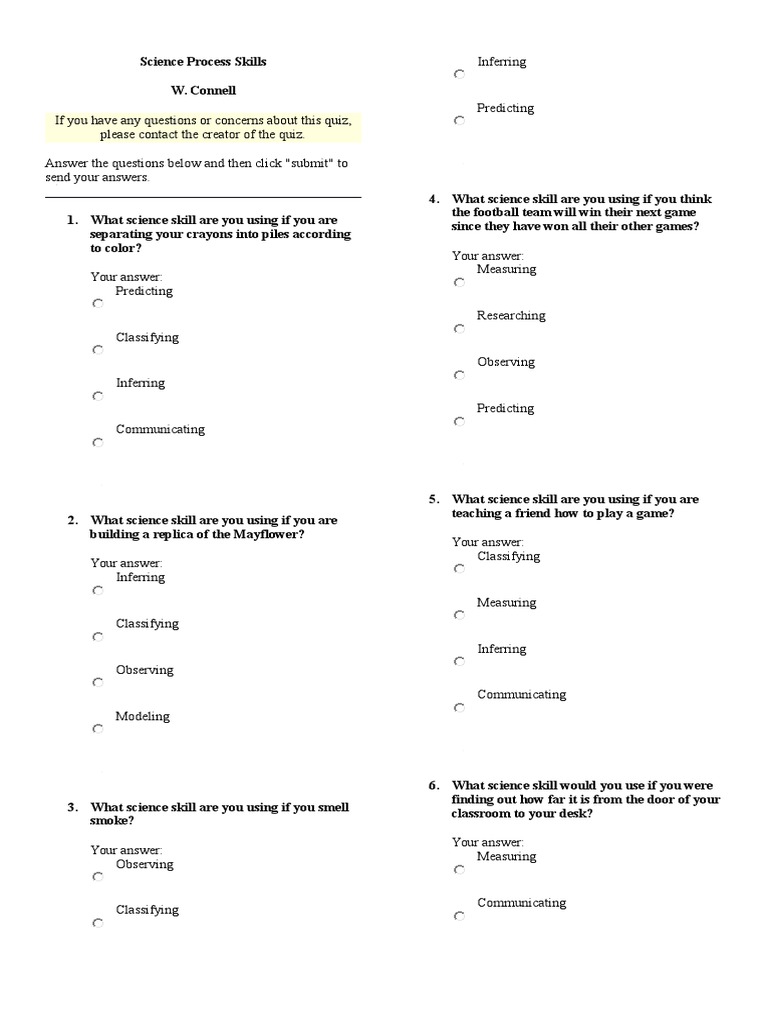 Science Process Skills QUIZ | PDF | Data | Science