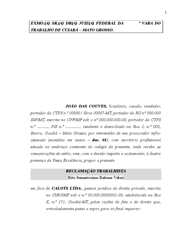 Modelo Simplificado de Petição Inicial (Reclamação Trabalhista) | PDF ...