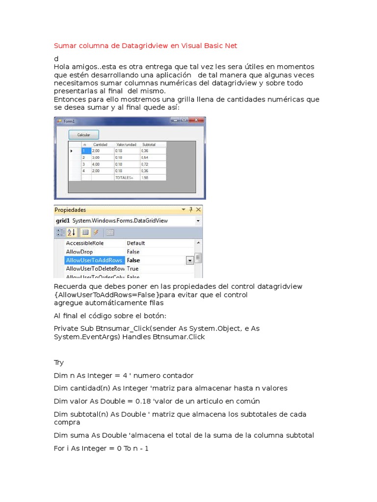 Sumar Columna de Datagridview en Visual Basic Net | PDF | Tabla (base ...