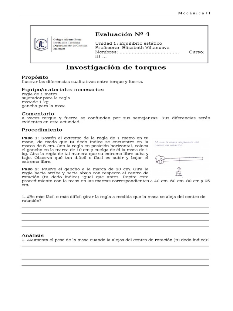 Laboratorio de Torque y Equilibrio | PDF | Esfuerzo de torsión | Masa
