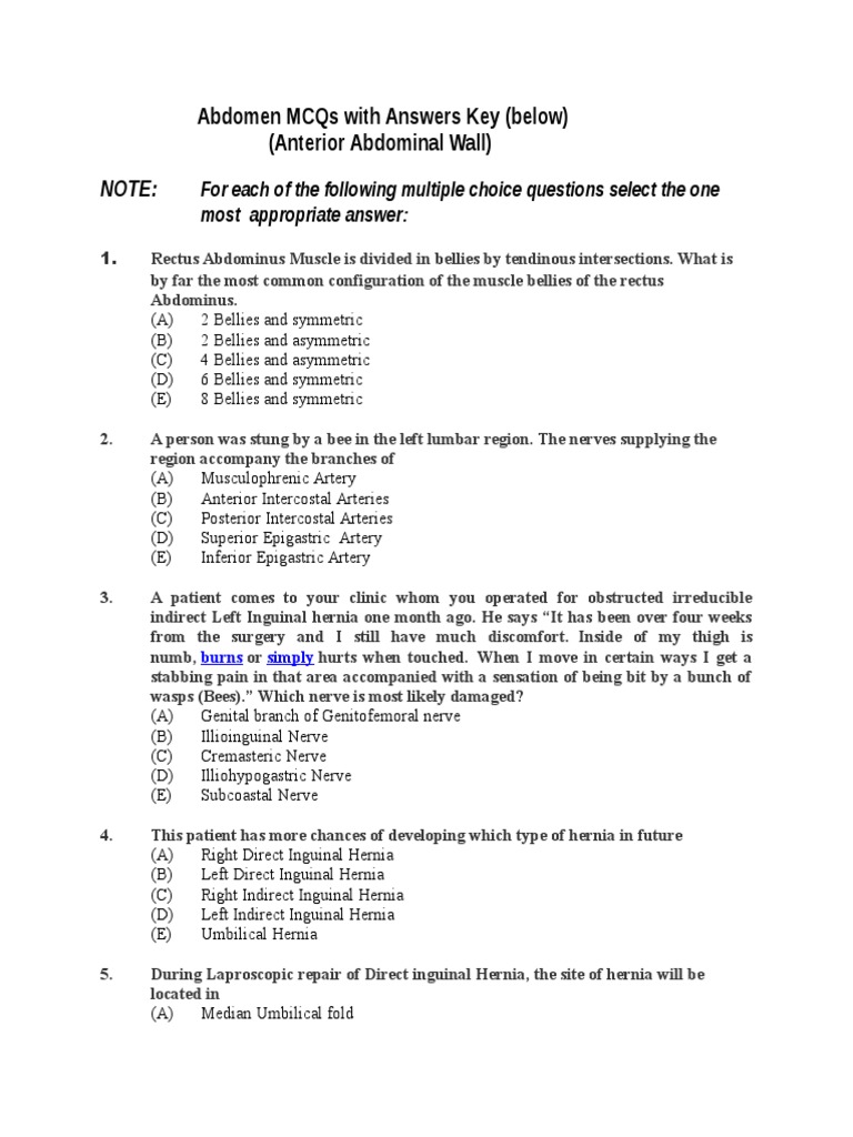 Abdomen Anatomy MCQs with Answers | PDF | Abdomen
