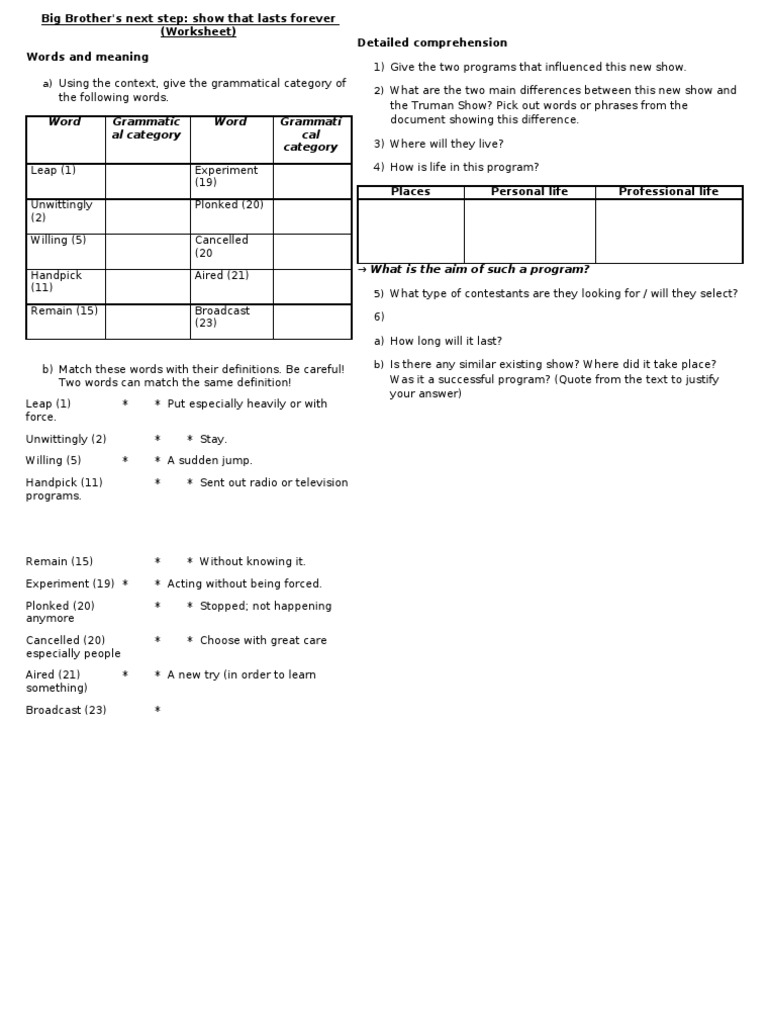 Big Brother Worksheet Eleve | PDF | Linguistics | Semiotics