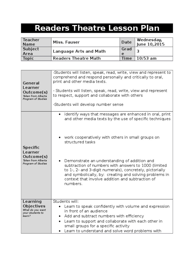 Readers Theatre Math Lesson Plan | PDF | Lesson Plan | Teaching Mathematics
