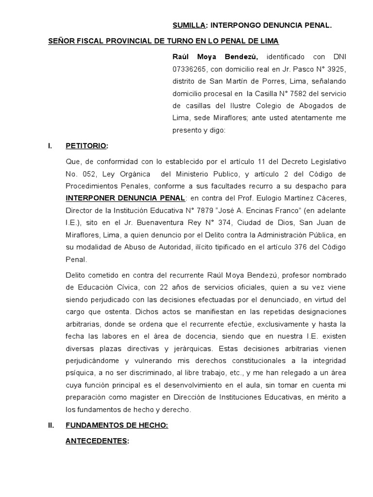 Modelo Denuncia Penal | PDF | Lima | Derecho penal