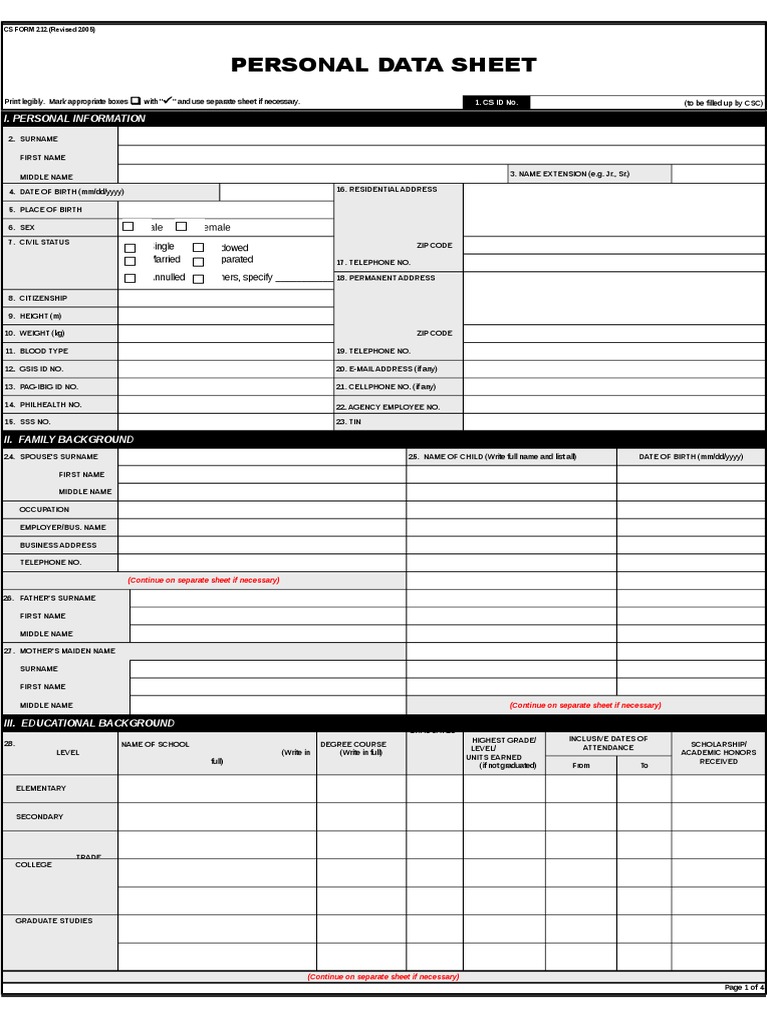 Personal Data Sheet (CSC Form No. 212) | PDF | Graduate School | Government