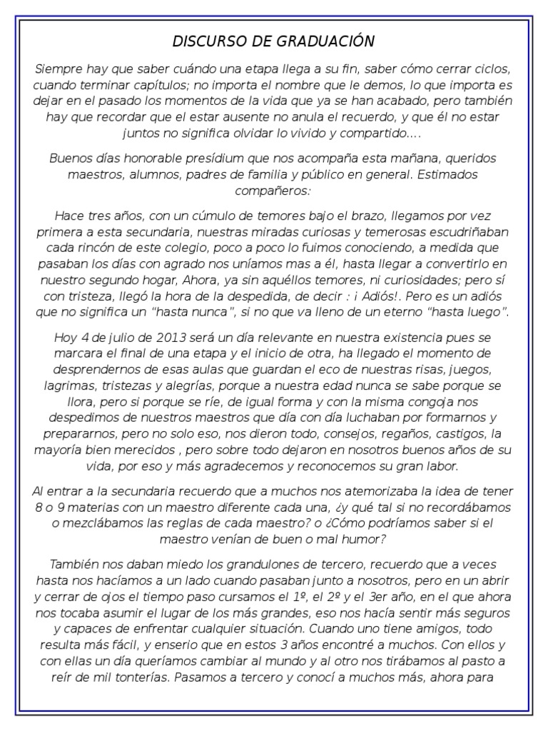 Discurso Emotivo de Graduación Secundaria | PDF | Artes del Lenguaje y ...