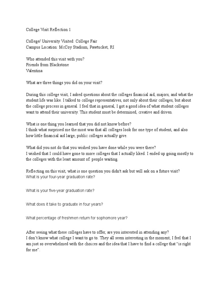 College Fair Visit Reflection Insights | PDF