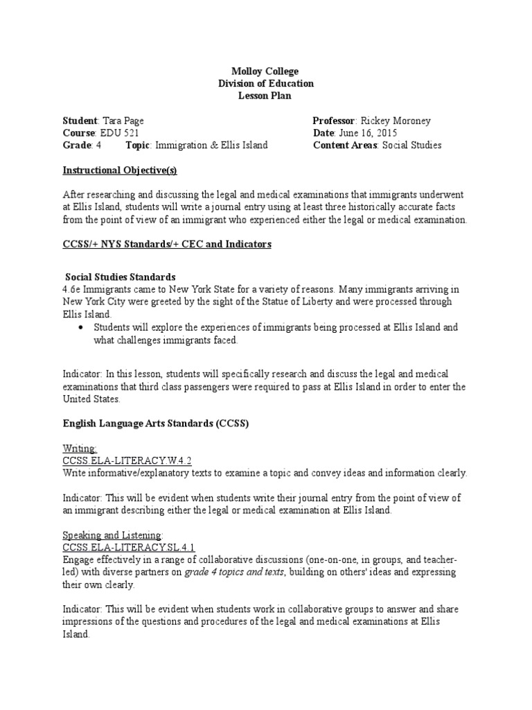Immigration Lesson Ellis Island | PDF | Question | Test (Assessment)
