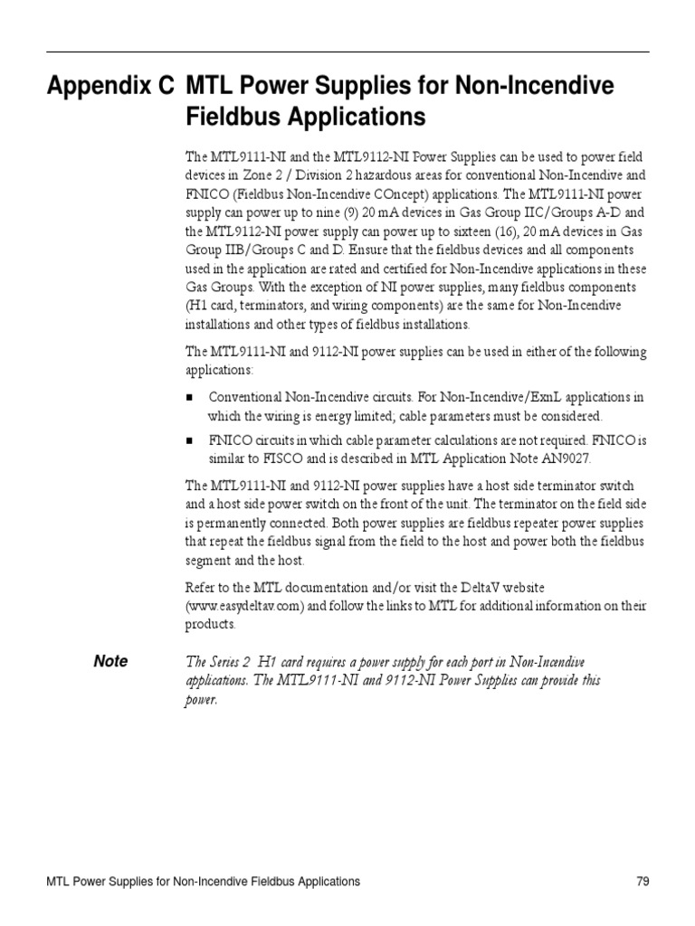 Appendix C MTL Power Supplies For Non-Incendive Fieldbus Applications | PDF | Power Supply | Cable