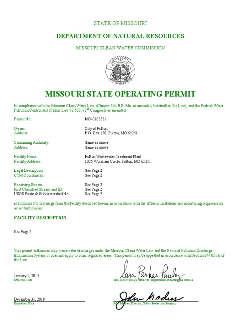 Missouri State Operating Permit | Clean Water Act | Sewage Treatment